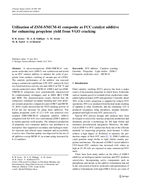 (PDF) Utilization of ZSM-5/MCM-41 composite as FCC catalyst additive ...