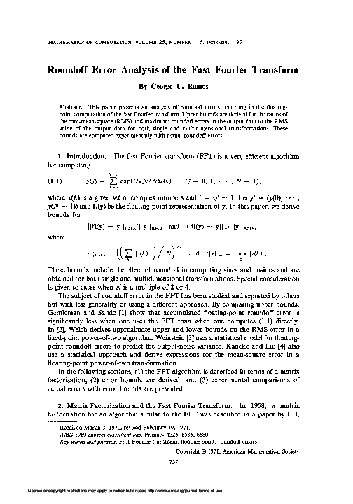Pdf Roundoff Error Analysis Of The Fast Fourier Transform