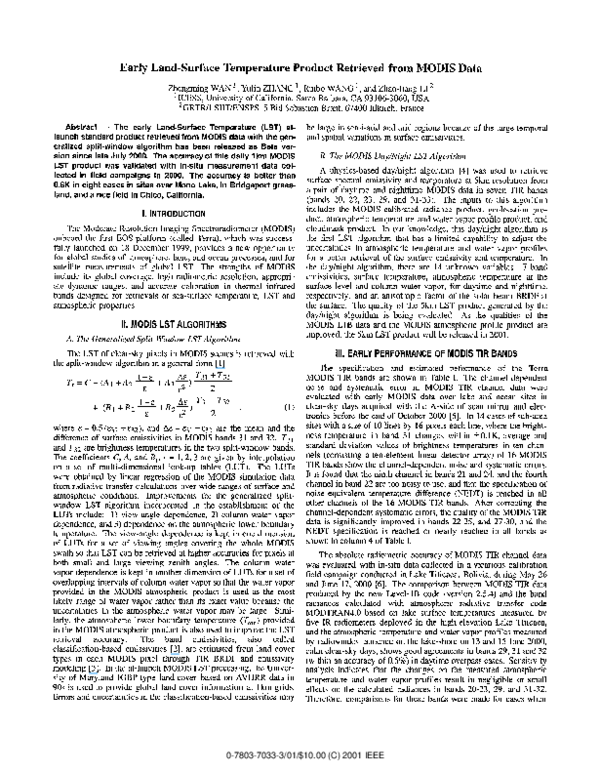 Pdf Early Land Surface Temperature Product Retrieved From Modis Data