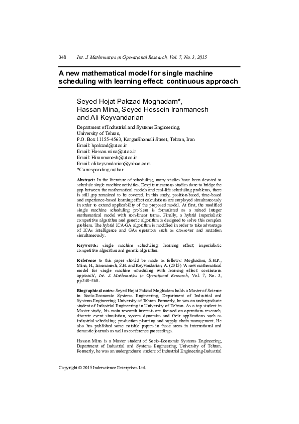 Pdf A New Mathematical Model For Single Machine Scheduling With Learning Effect Continuous