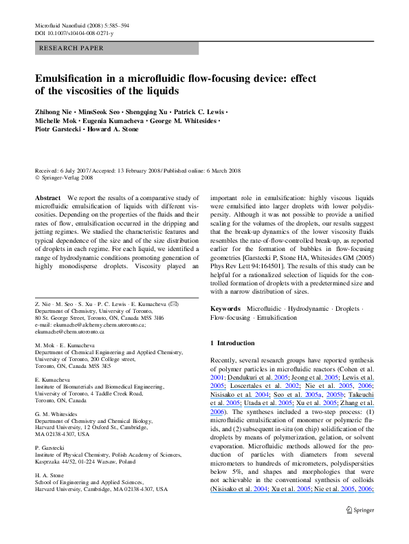(PDF) Emulsification in a microfluidic flow-focusing device: effect of the viscosities of the ...