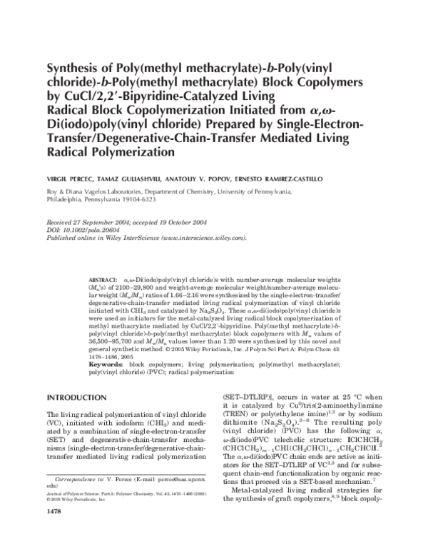 (PDF) Synthesis of poly(methyl methacrylate)-b-poly(vinyl chloride)-b-poly(methyl methacrylate ...