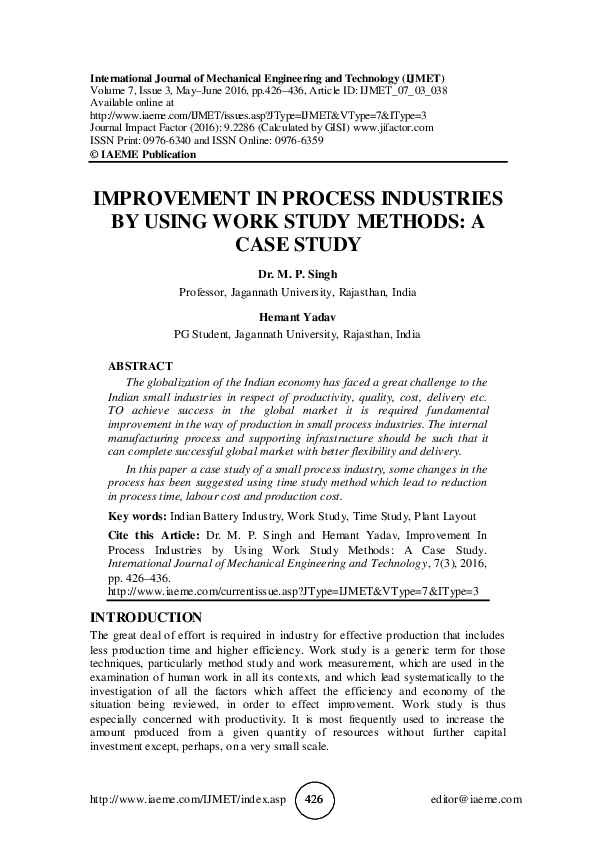 (PDF) IMPROVEMENT IN PROCESS INDUSTRIES BY USING WORK STUDY METHODS: A ...