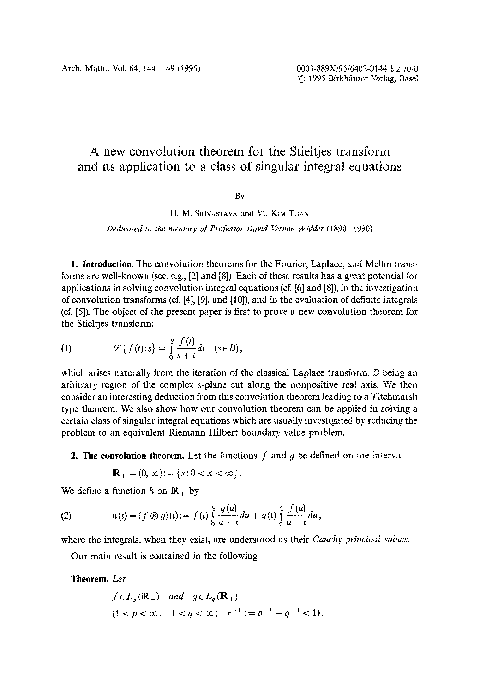 Pdf A New Convolution Theorem For The Stieltjes Transform And Its Application To A Class Of
