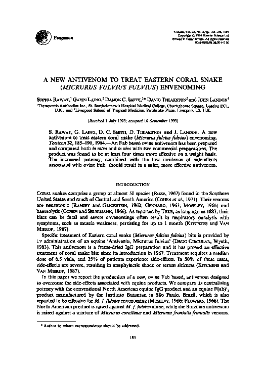 (PDF) A new antivenom to treat eastern coral snake (Micrurus fulvius ...