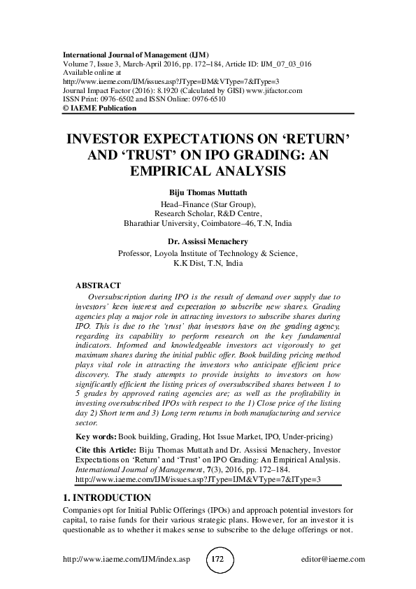 (PDF) INVESTOR EXPECTATIONS ON ‘RETURN’ AND ‘TRUST’ ON IPO GRADING: AN EMPIRICAL ANALYSIS ...