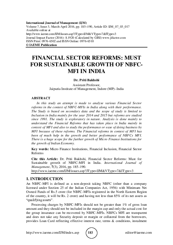 (PDF) FINANCIAL SECTOR REFORMS: MUST FOR SUSTAINABLE GROWTH OF NBFC-MFI ...