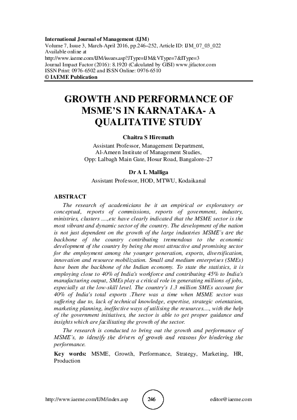 (PDF) GROWTH AND PERFORMANCE OF MSME’S IN KARNATAKA- A QUALITATIVE STUDY