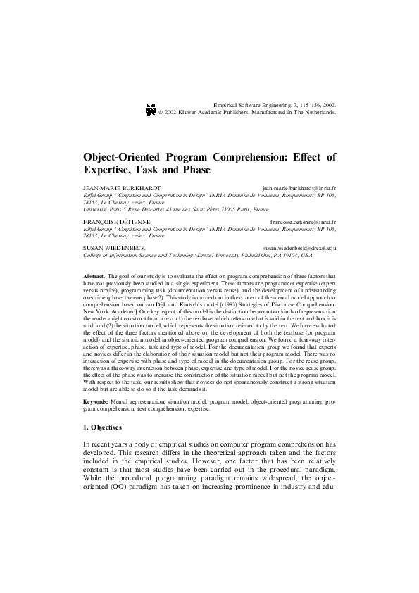 Pdf Object Oriented Program Comprehension Effect Of Expertise Task