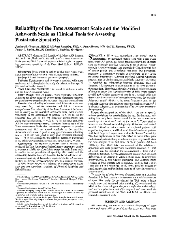(PDF) Reliability of the tone assessment scale and the modified ...