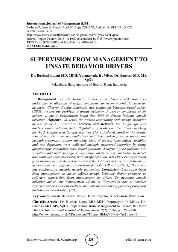 (PDF) SUPERVISION FROM MANAGEMENT TO UNSAFE BEHAVIOR DRIVERS