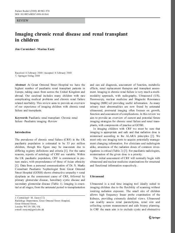 (PDF) Imaging chronic renal disease and renal transplant in children