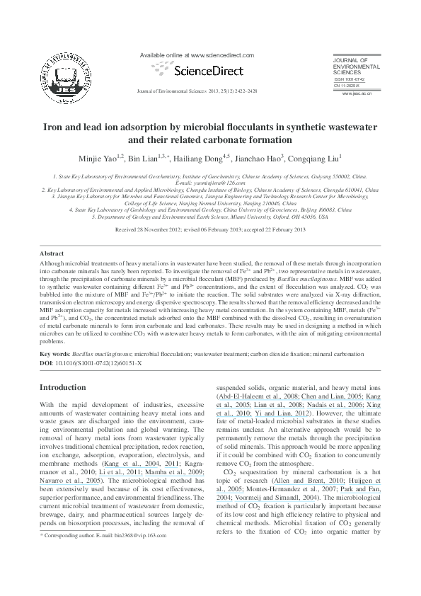 (PDF) Iron and lead ion adsorption by microbial flocculants in ...