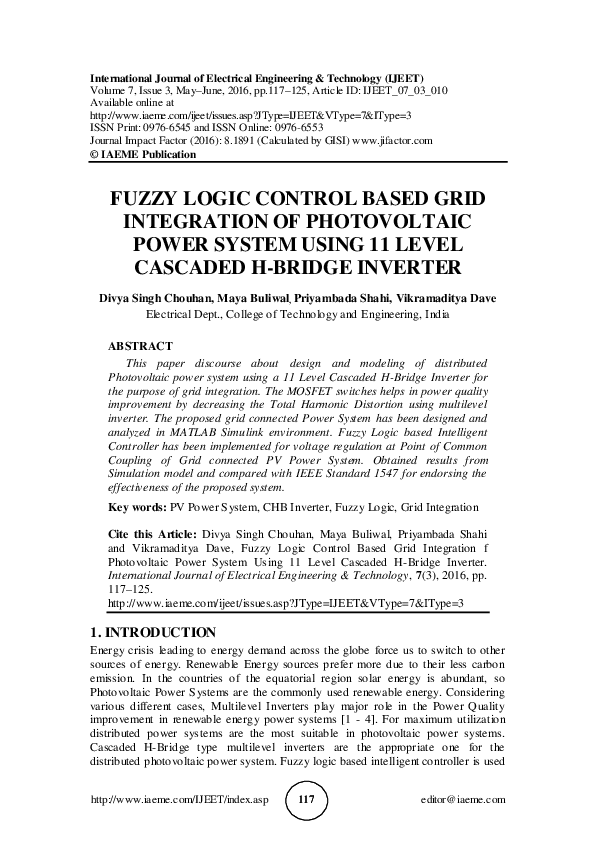 (PDF) FUZZY LOGIC CONTROL BASED GRID INTEGRATION OF PHOTOVOLTAIC POWER SYSTEM USING 11 LEVEL ...