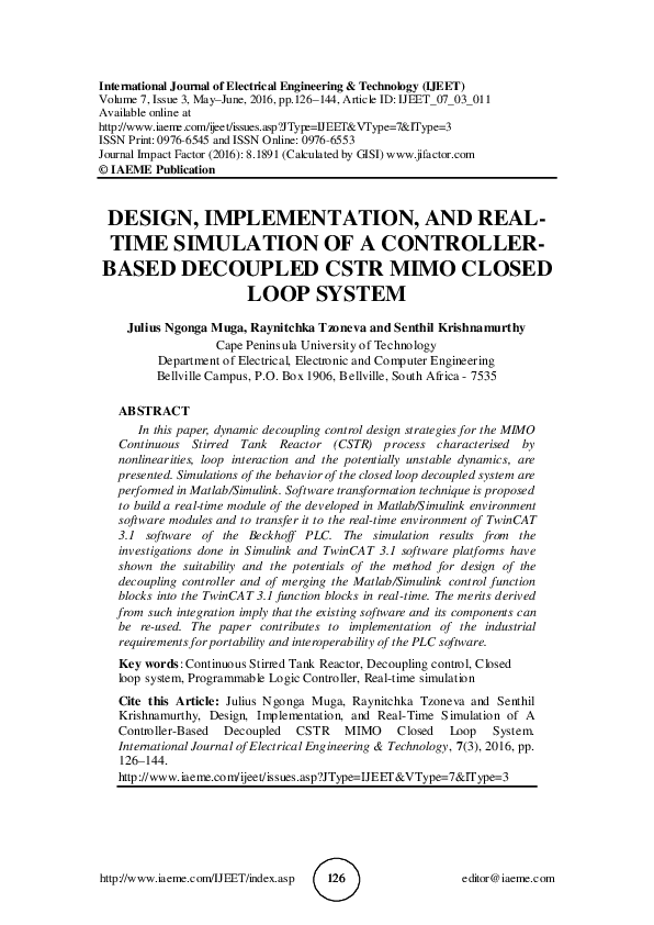 Pdf Design Implementation And Real Time Simulation Of A Controller Based Decoupled Cstr