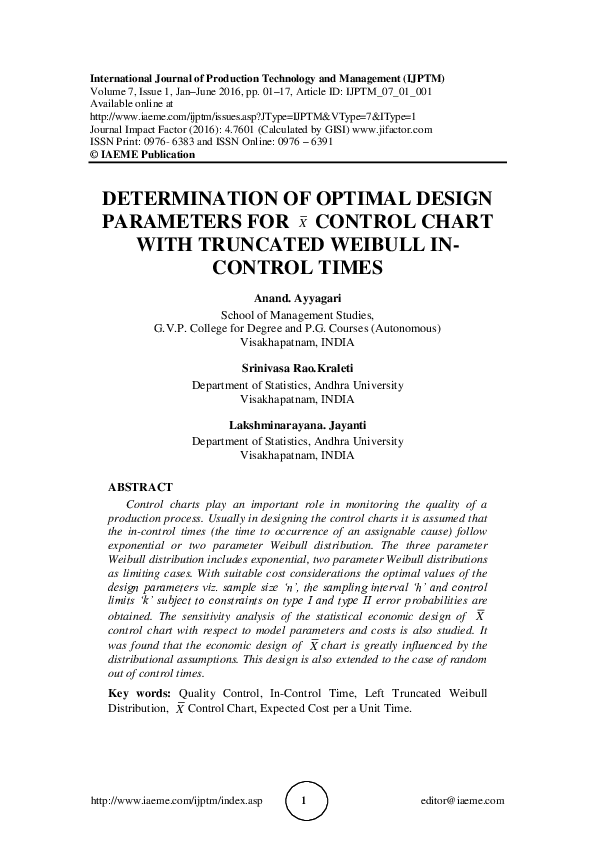 (PDF) DETERMINATION OF OPTIMAL DESIGN PARAMETERS FOR CONTROL CHART WITH TRUNCATED WEIBULL IN ...