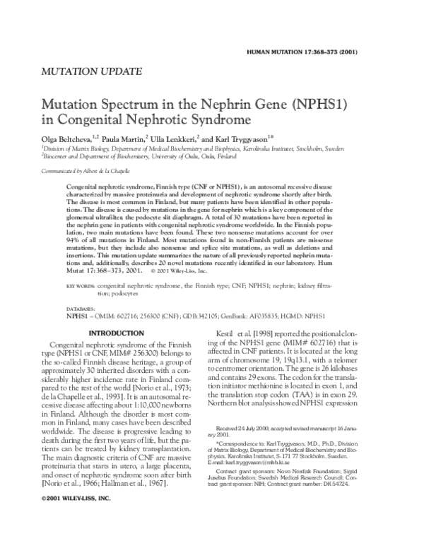 (PDF) Mutation spectrum in the nephrin gene (NPHS1) in congenital ...