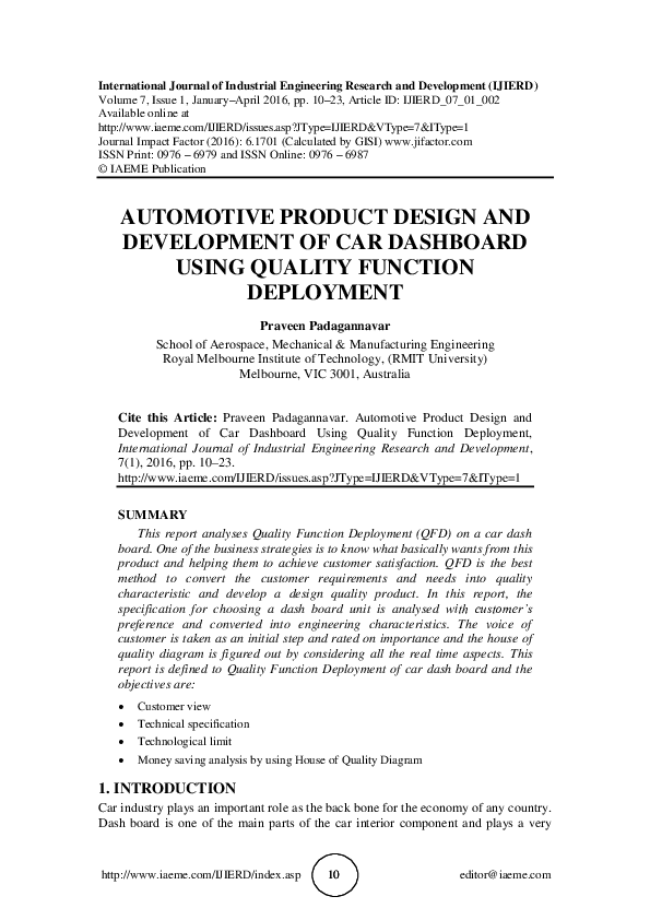 (PDF) AUTOMOTIVE PRODUCT DESIGN AND DEVELOPMENT OF CAR DASHBOARD USING QUALITY FUNCTION DEPLOYMENT