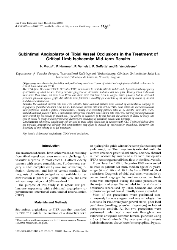 (PDF) Subintimal Angioplasty of Tibial Vessel Occlusions in the ...