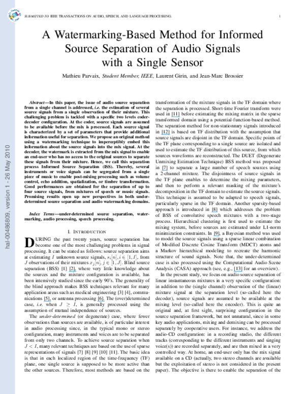 (PDF) A Watermarking-Based Method for Informed Source Separation of Audio Signals With a Single ...