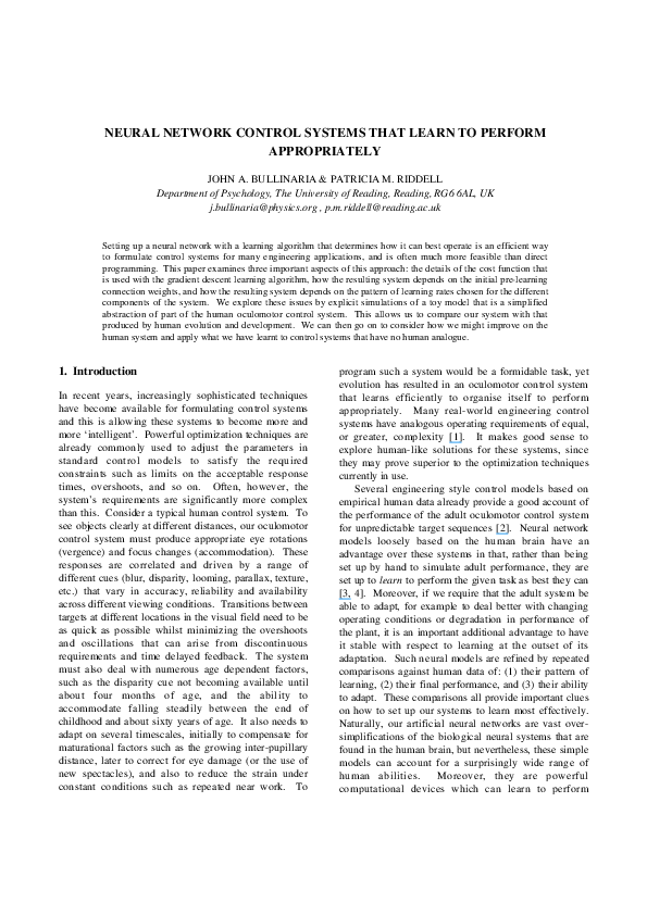 (PDF) Neural Network Control Systems that Learn to Perform Appropriately