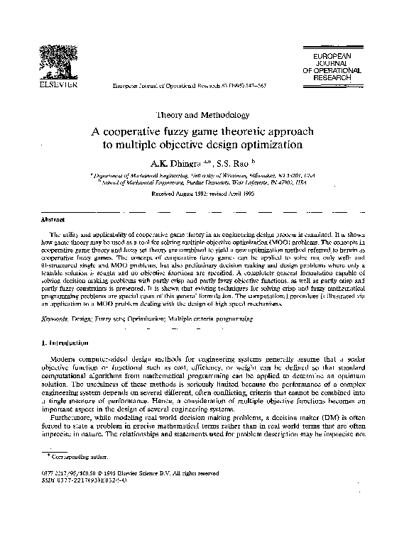 Pdf A Cooperative Fuzzy Game Theoretic Approach To Multiple Objectivedesign Optimization