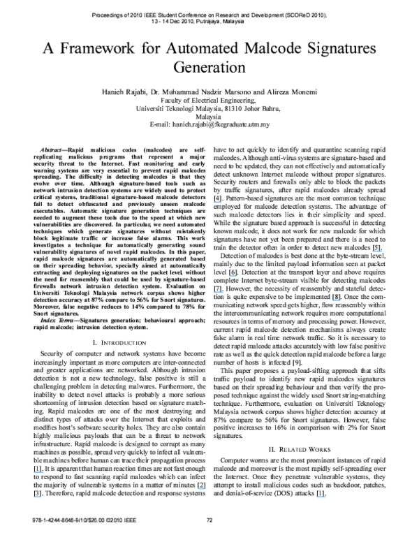 (PDF) A framework for automated malcode signatures generation