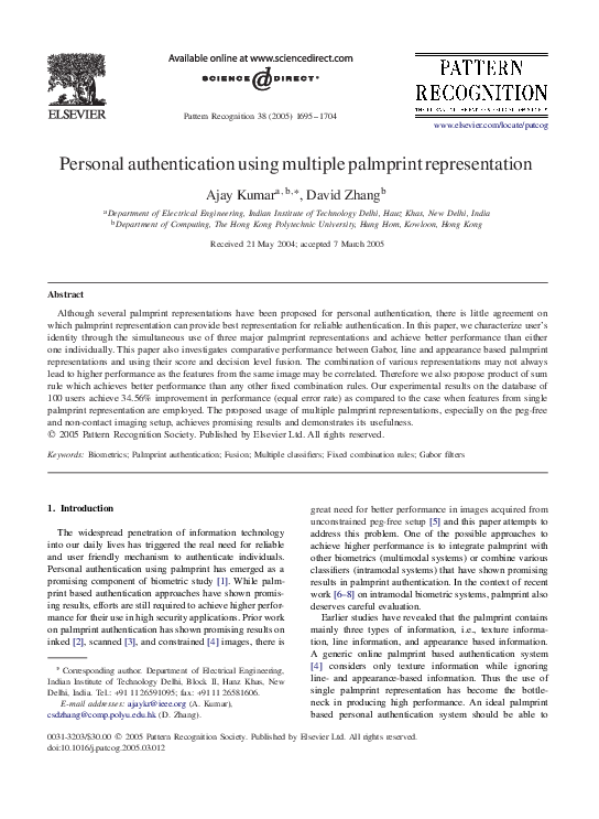 Pdf Personal Authentication Using Multiple Palmprint Representation