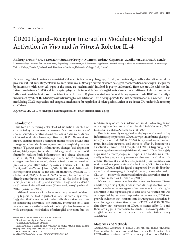 (PDF) CD200 Ligand Receptor Interaction Modulates Microglial Activation ...