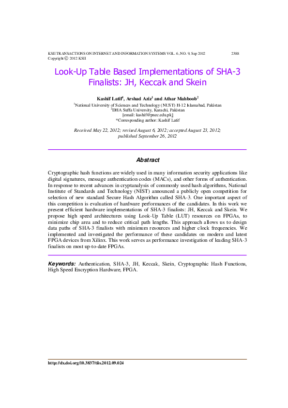 (PDF) Look-Up Table Based Implementations of SHA3 Finalists: JH, Keccak and Skein