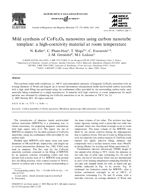 (PDF) Mild synthesis of CoFe2O4 nanowires using carbon nanotube ...