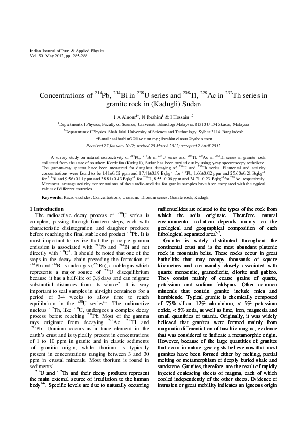 (PDF) Concentrations of 214 Pb, 214 Bi in 238 U series and 208 Tl, 228 ...