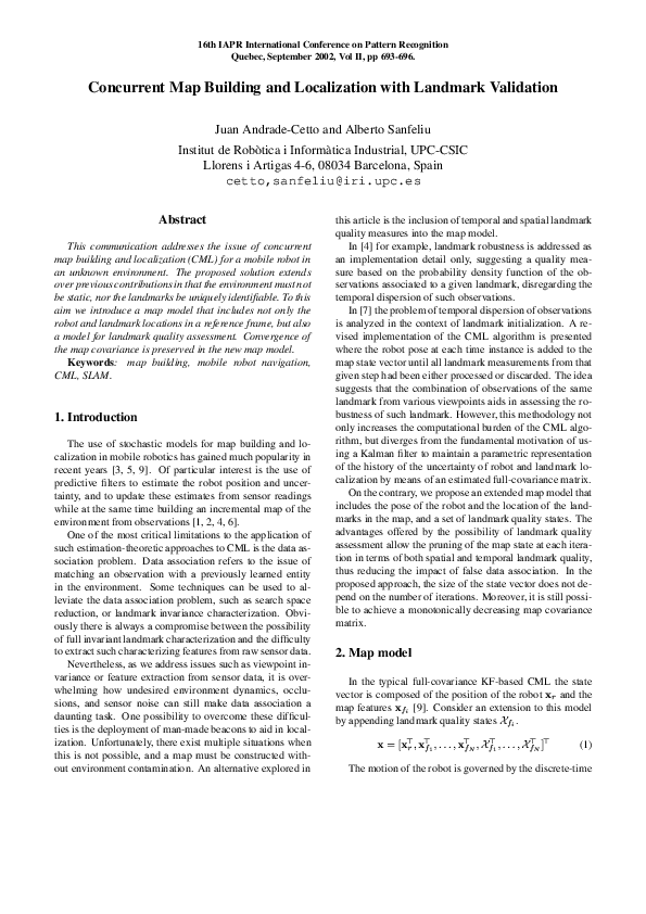 Pdf Concurrent Map Building And Localization With Landmark Validation