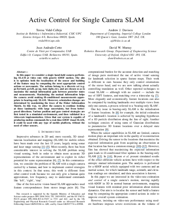 (PDF) Active Control for Single Camera SLAM