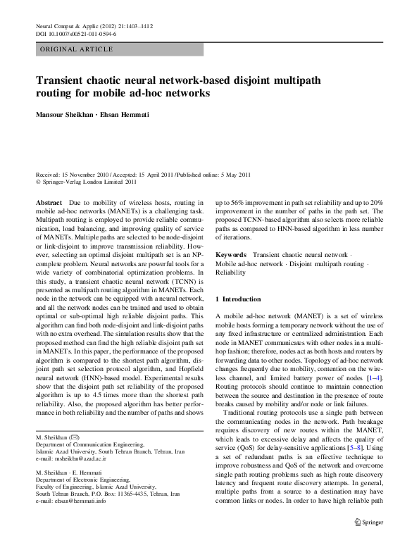 (PDF) Transient chaotic neural network-based disjoint multipath routing for mobile ad-hoc networks