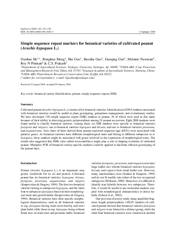 (PDF) Simple sequence repeat markers for botanical varieties of cultivated peanut ( Arachis ...