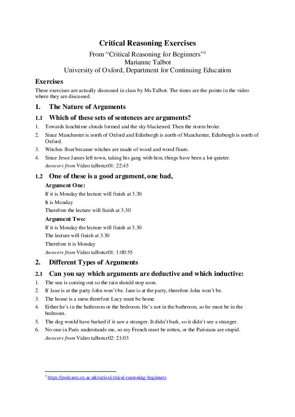 (PDF) Critical Reasoning Exercises From " Critical Reasoning for Beginners " 1