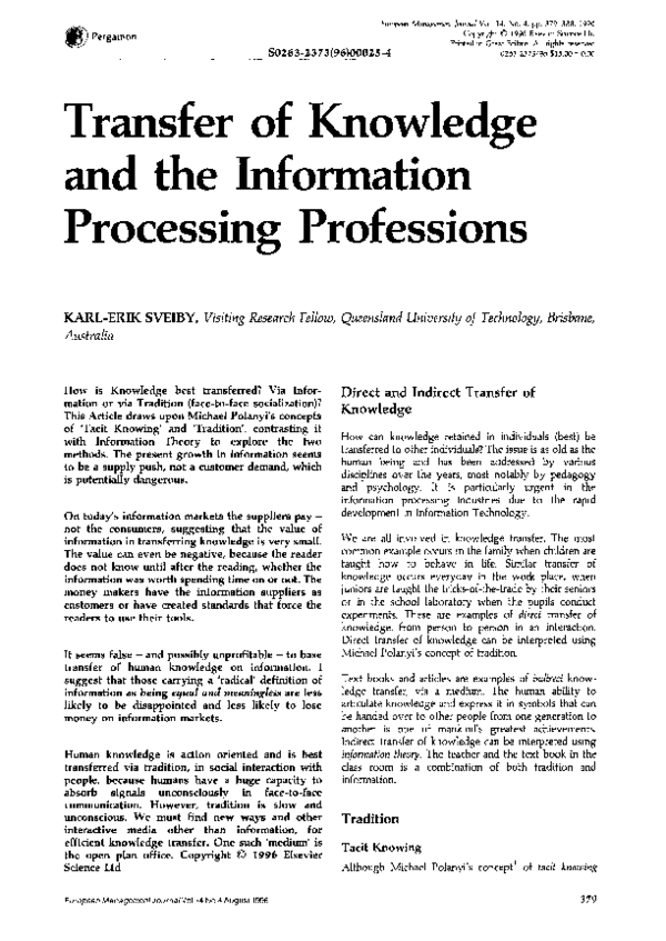 (PDF) Transfer of knowledge and the information processing professions