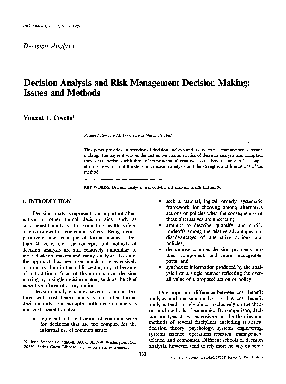 (PDF) Decision Analysis and Risk Management Decision Making: Issues and ...