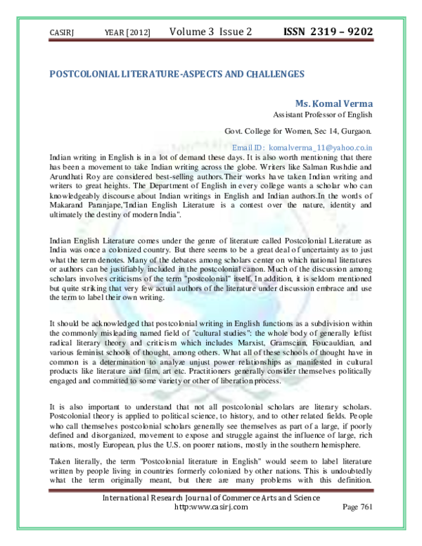 (PDF) POSTCOLONIAL LITERATURE-ASPECTS AND CHALLENGES