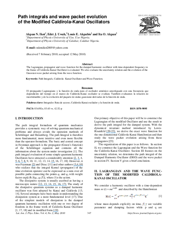 (PDF) Path integrals and wave packet evolution of the Modified Caldirola-Kanai Oscillators