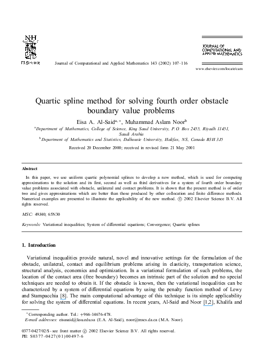 Pdf Quartic Spline Method For Solving Fourth Order Obstacle Boundary Value Problems