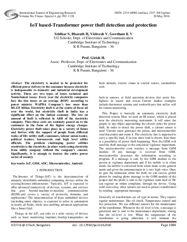 (PDF) IoT based-Transformer power theft detection and protection