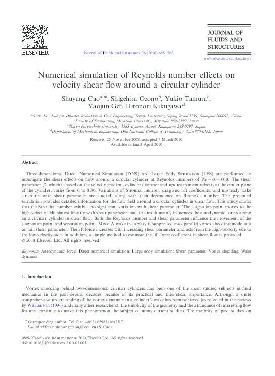 (PDF) Numerical simulation of Reynolds number effects on velocity shear flow around a circular ...