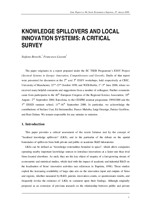 (PDF) Knowledge spillovers and local innovation systems: a critical survey