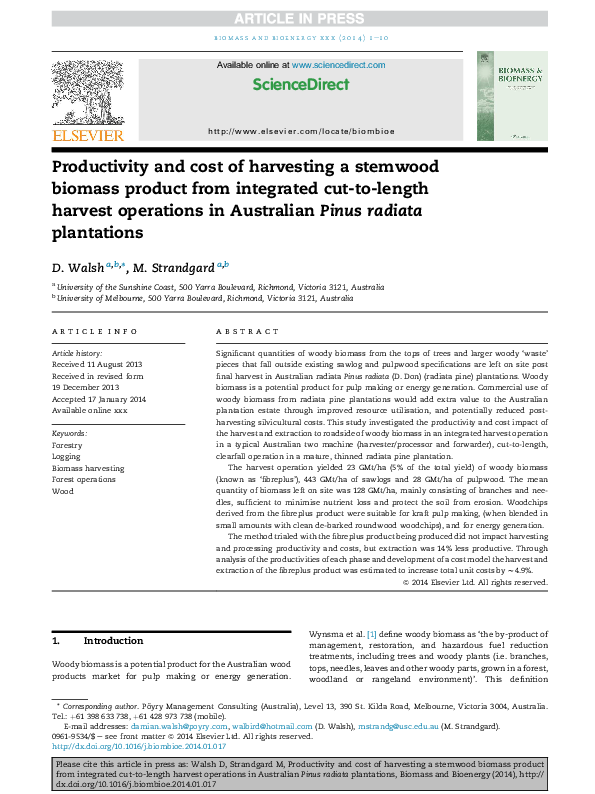 (PDF) Productivity and cost of harvesting a stemwood biomass product ...