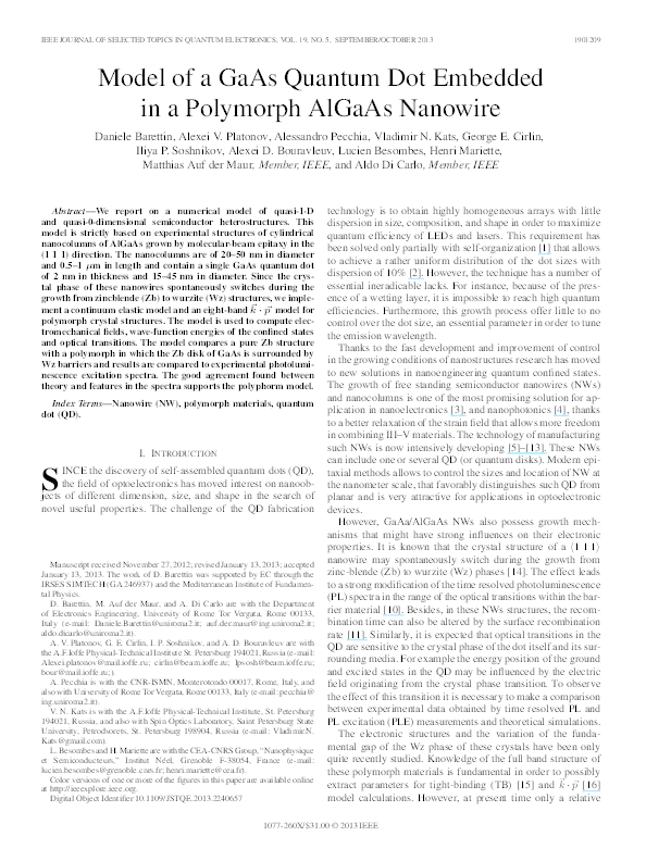 (PDF) Model of a GaAs Quantum Dot Embedded in a Polymorph AlGaAs Nanowire