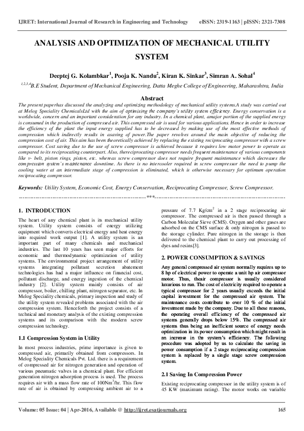 (PDF) ANALYSIS AND OPTIMIZATION OF MECHANICAL UTILITY SYSTEM