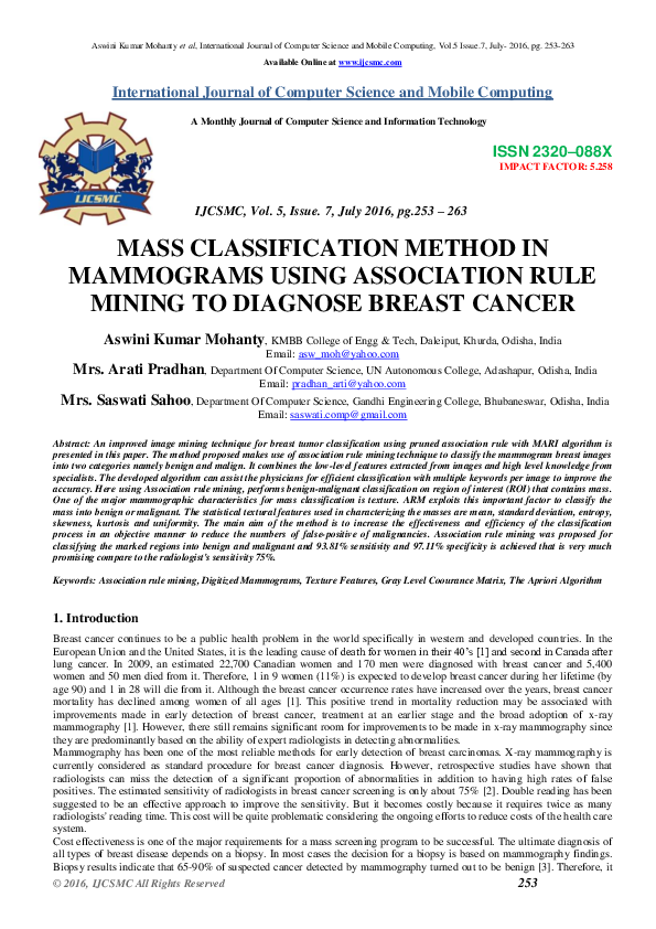 (PDF) MASS CLASSIFICATION METHOD IN MAMMOGRAMS USING ASSOCIATION RULE MINING TO DIAGNOSE BREAST ...