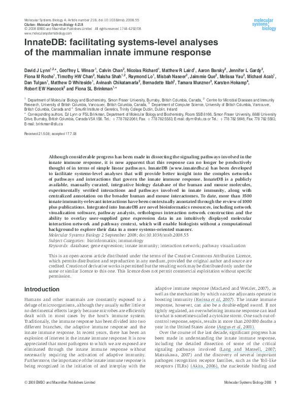 (PDF) InnateDB: facilitating systems-level analyses of the mammalian ...